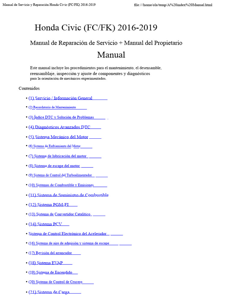 Índice Del Manual de Servicio y Reparación Del Honda Civic | PDF | Acelerador | Tecnología de ...