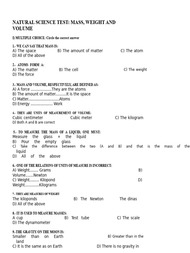 MASS-VOLUME test | PDF | Weight | Mass