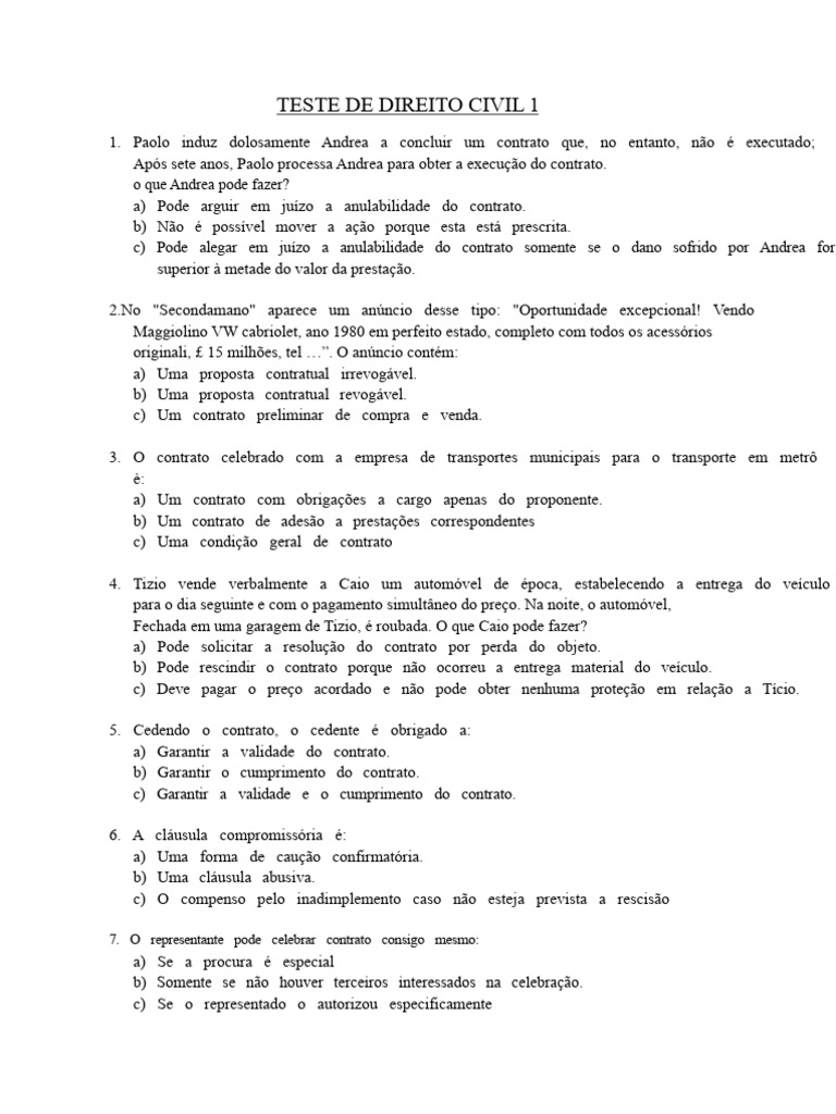 Questões de Direito Civil: Testes e Respostas | PDF | Direito Civil ...