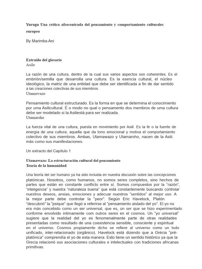 Yurugu Una Crítica Afrocentrada Del Pensamiento y Comportamiento ...