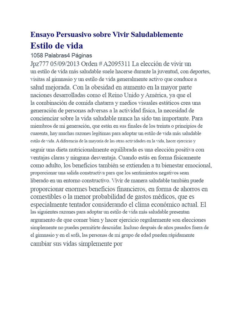 Estilo de Vida: Ensayo Persuasivo Sobre Vivir Saludablemente | PDF
