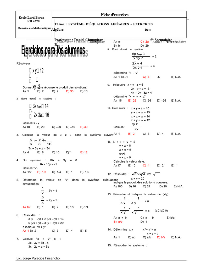 Systèmes d'Équations Linéaires - Exercices | PDF | Équations | Concepts ...