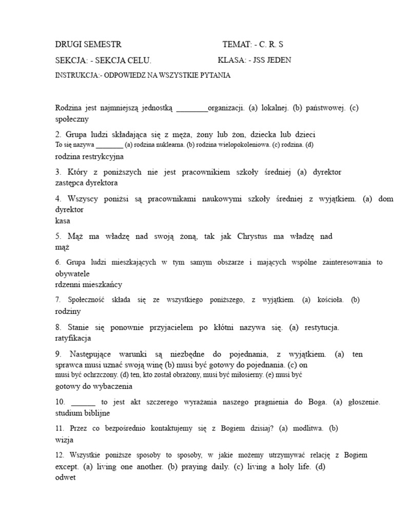 Jss One Crs Egzamin Drugiego Semestru | PDF