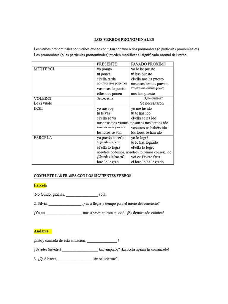 Verbos Pronominales | PDF | Pronombre | Verbo