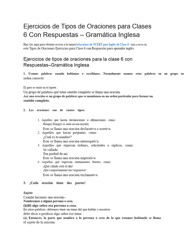 Ejercicios de Oraciones para 6° Grado | PDF | Oración (Lingüística ...