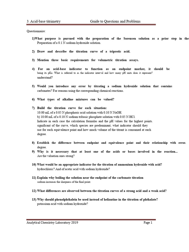 Acid-Base Titrimetry Questions Guide | PDF | Titration | Chemistry