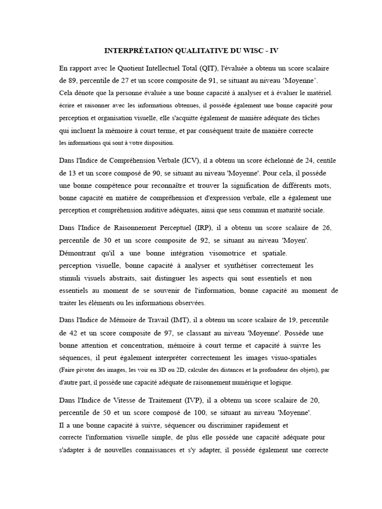 Interprétation WISC-IV : Analyse des Scores | PDF | Mémoire | Mémoire ...