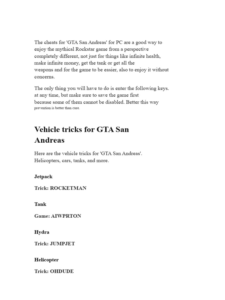 GTA San Andreas PC Cheat Codes Guide | PDF