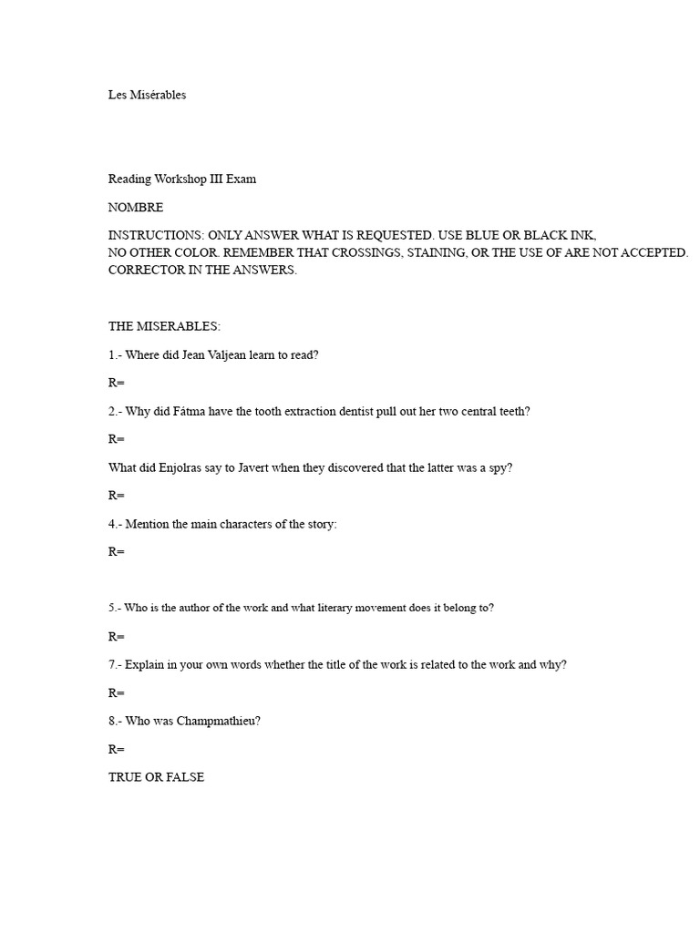 Exam Novel Les Misérables Victor Hugo (a) | PDF
