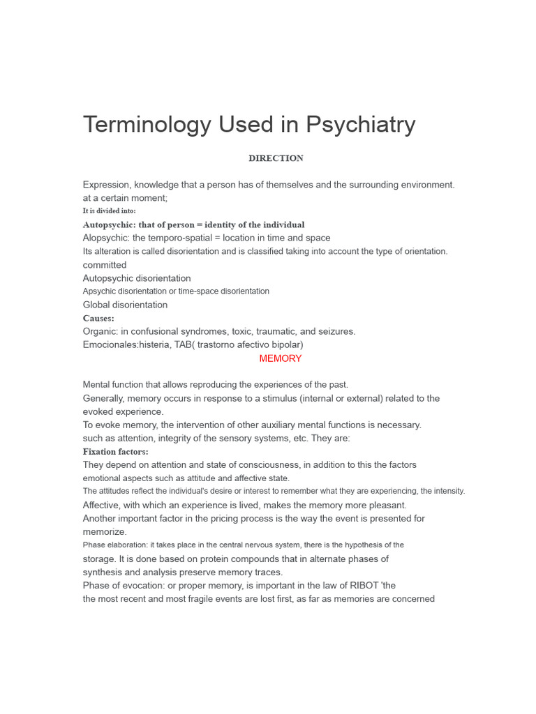 Psychiatry Terminology Explained | PDF | Perception | Experience