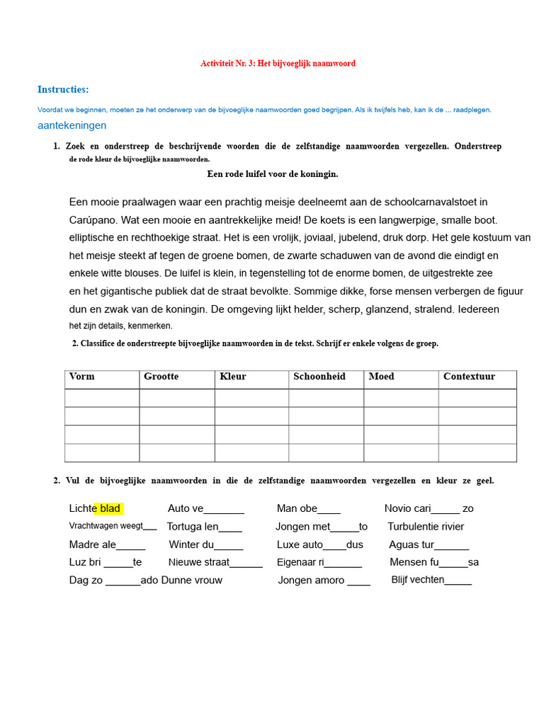 Activiteit Het Bijvoeglijk Naamwoord en Bepalend Lidwoord | PDF