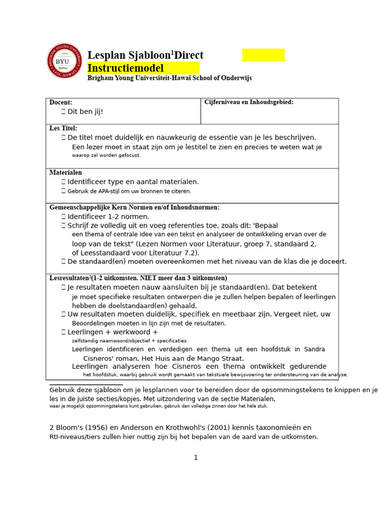 Directe Instructiemodel Lesplan Sjabloon 1 | PDF