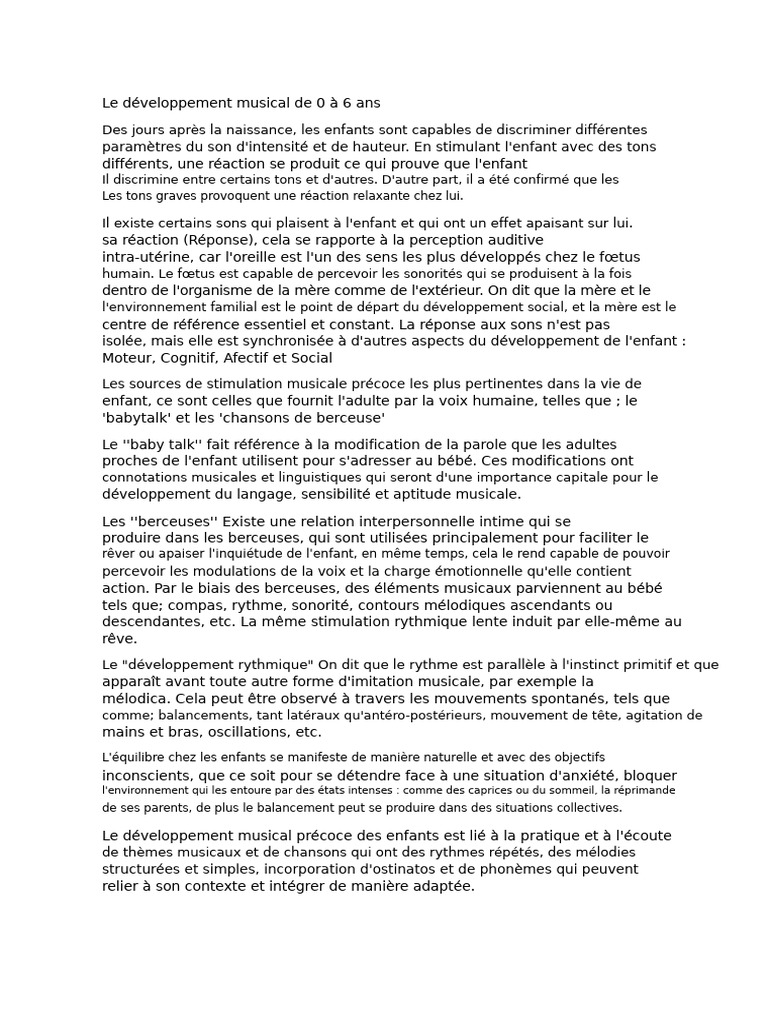 Développement Musical de 0 À 6 Ans | PDF | Son | la perception