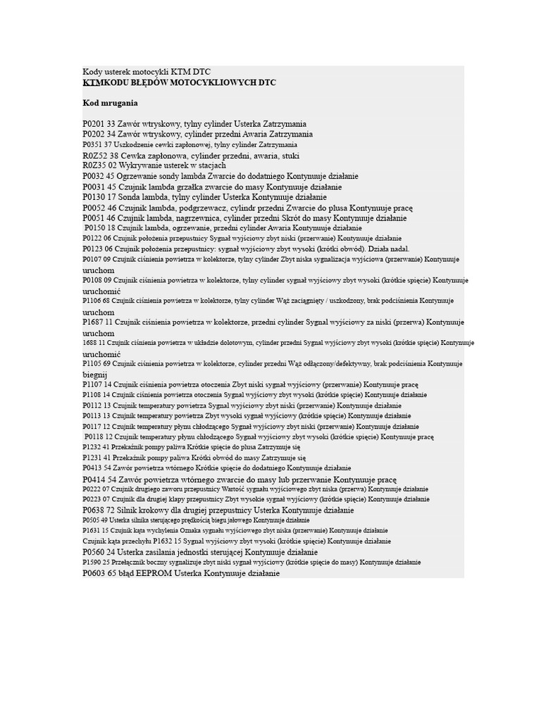 Kody Błędów DTC Motocykli KTM | PDF