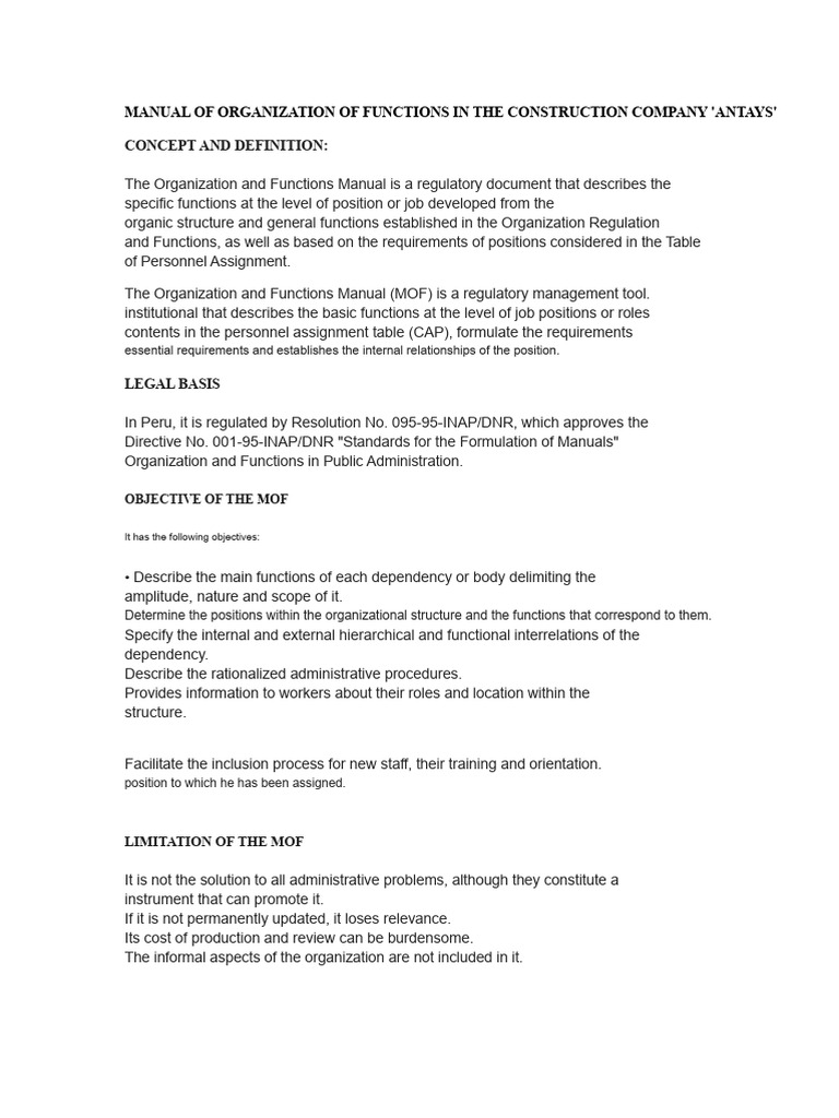 Functions Organization Manual in The Construction Company | PDF ...