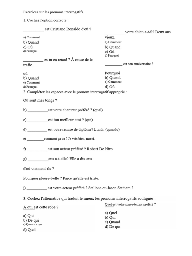 Exercices sur les pronoms interrogatifs | PDF | Pronom | Linguistique