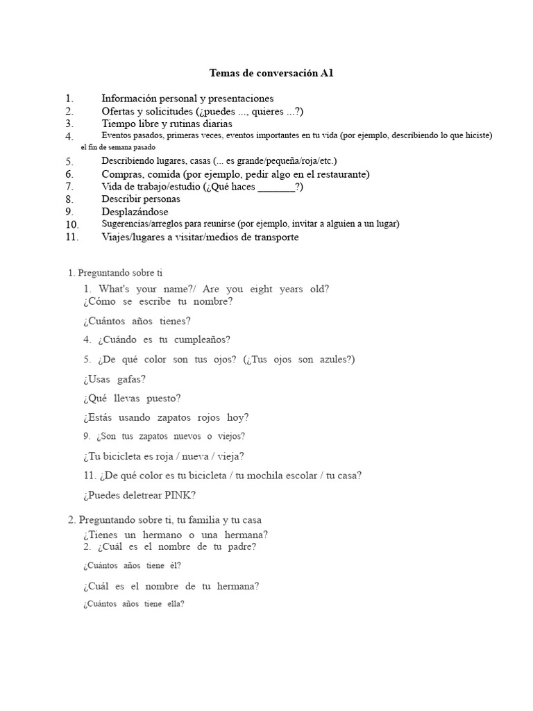 Temas de conversación en inglés A1 | PDF