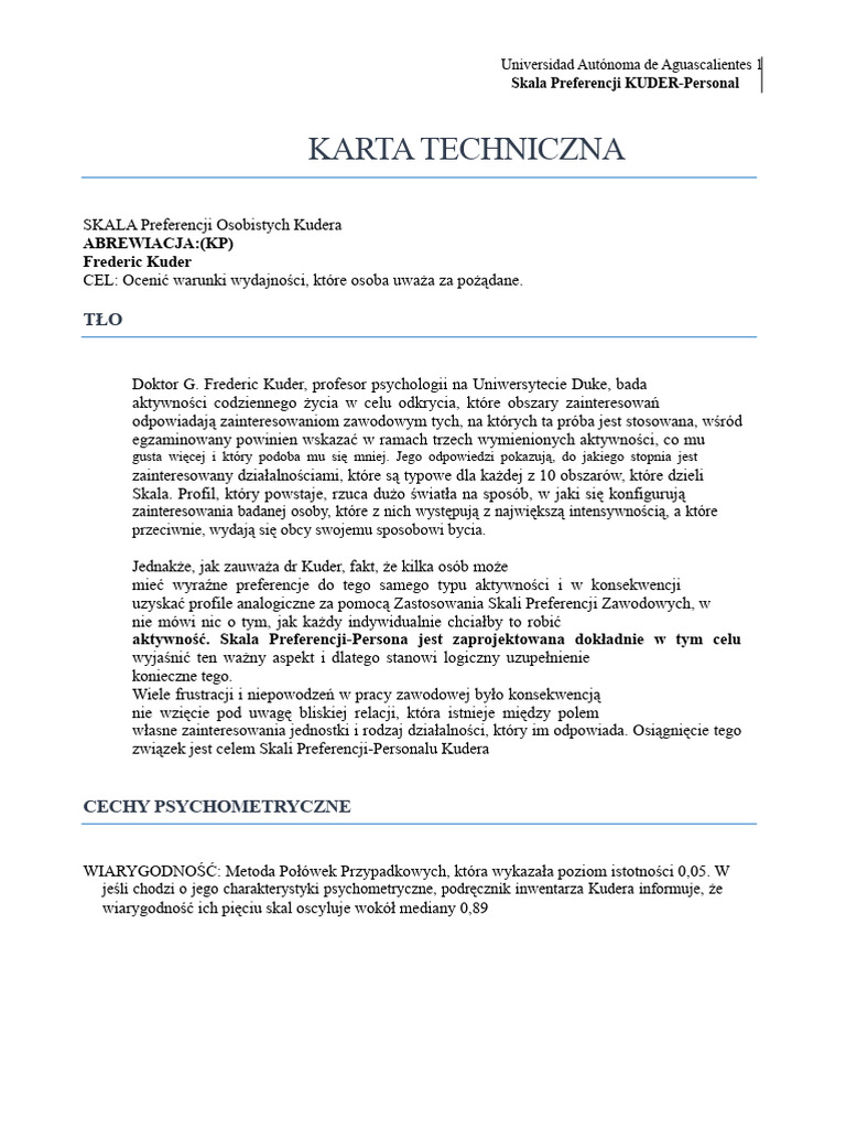 Karta Techniczna Kuder Personal | PDF