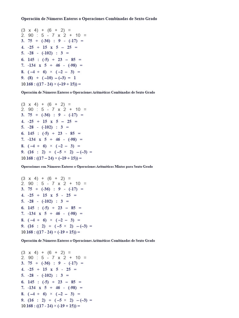 Operaciones con Números Enteros o Operaciones Aritméticas Combinadas de Sexto Grado | PDF ...