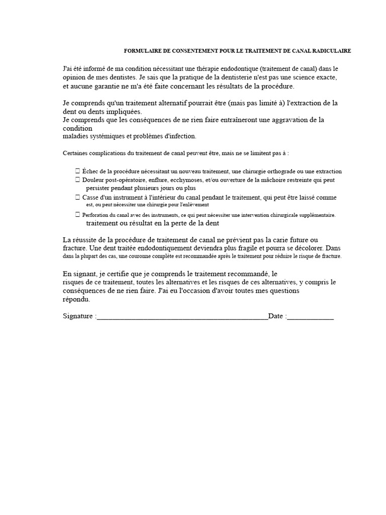 Consentement éclairé pour endodontie | PDF