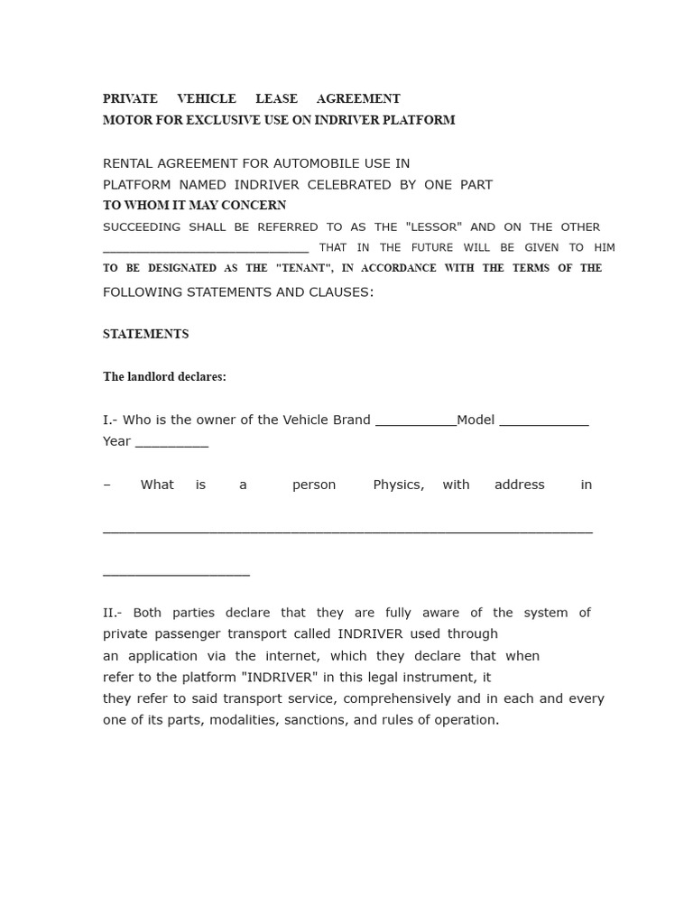 Private Vehicle Lease Contract - Id | PDF | Lease | Leasehold Estate