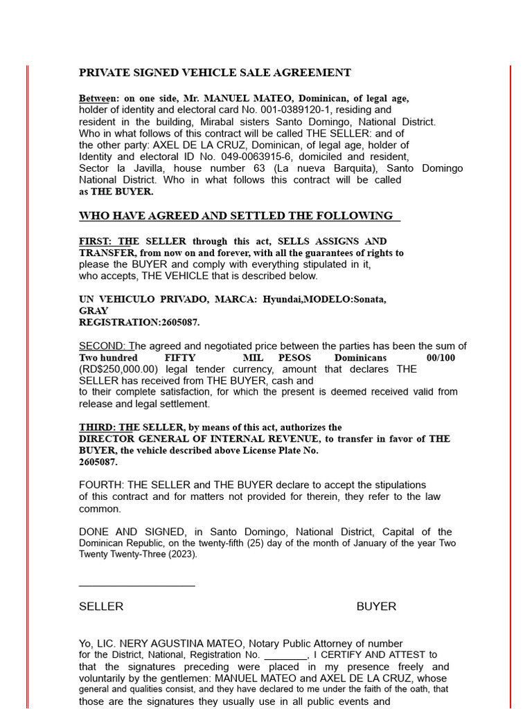 ACT OF SALE OF VEHICLE UNDER PRIVATE SIGNATURE | PDF
