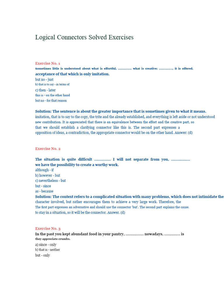 Logical Connectors Solved Exercises | PDF | Reason | Causality