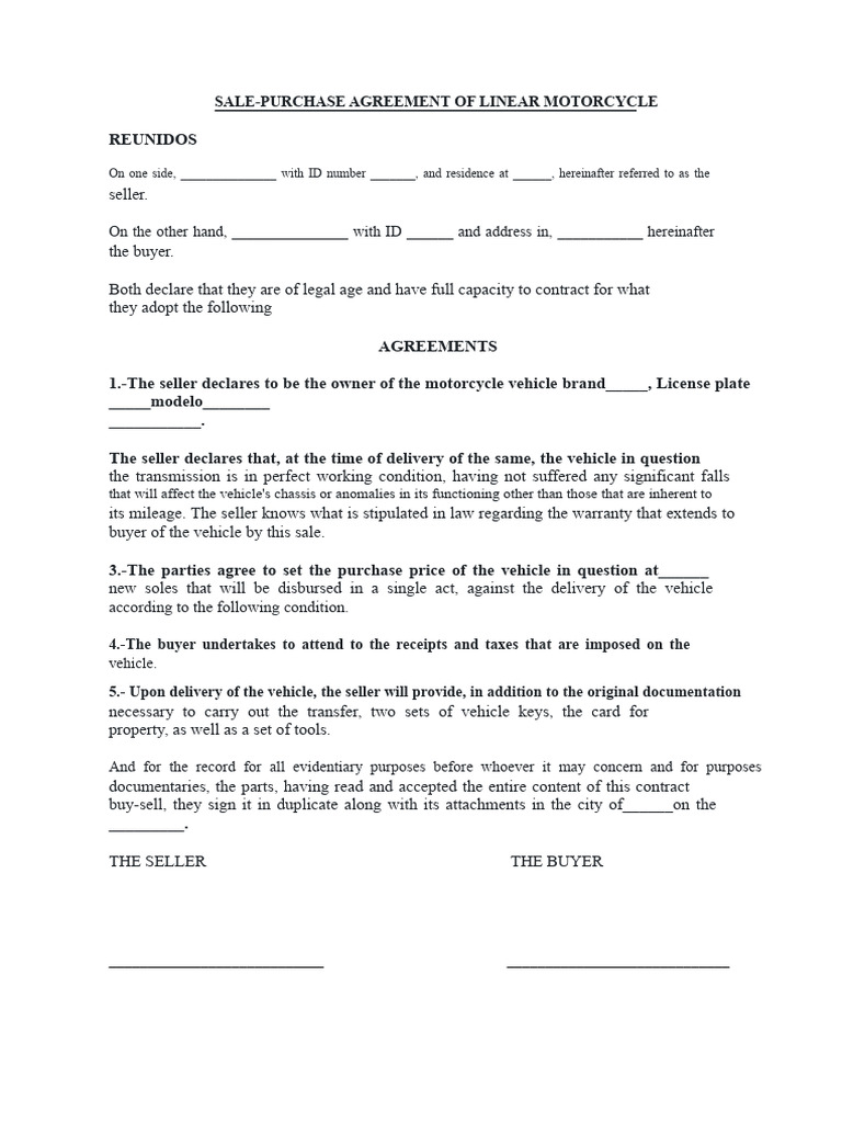 Linear Motorcycle Sale Agreement Template | PDF