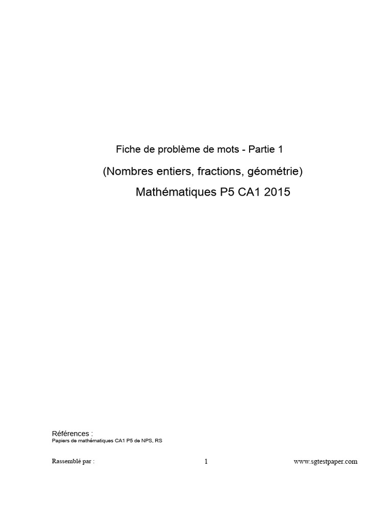 Problèmes de mathématiques P5 CA1 2015 | PDF | Ouverture (échecs ...