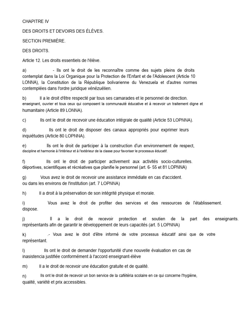 Droits et Devoirs des Élèves à l'École | PDF