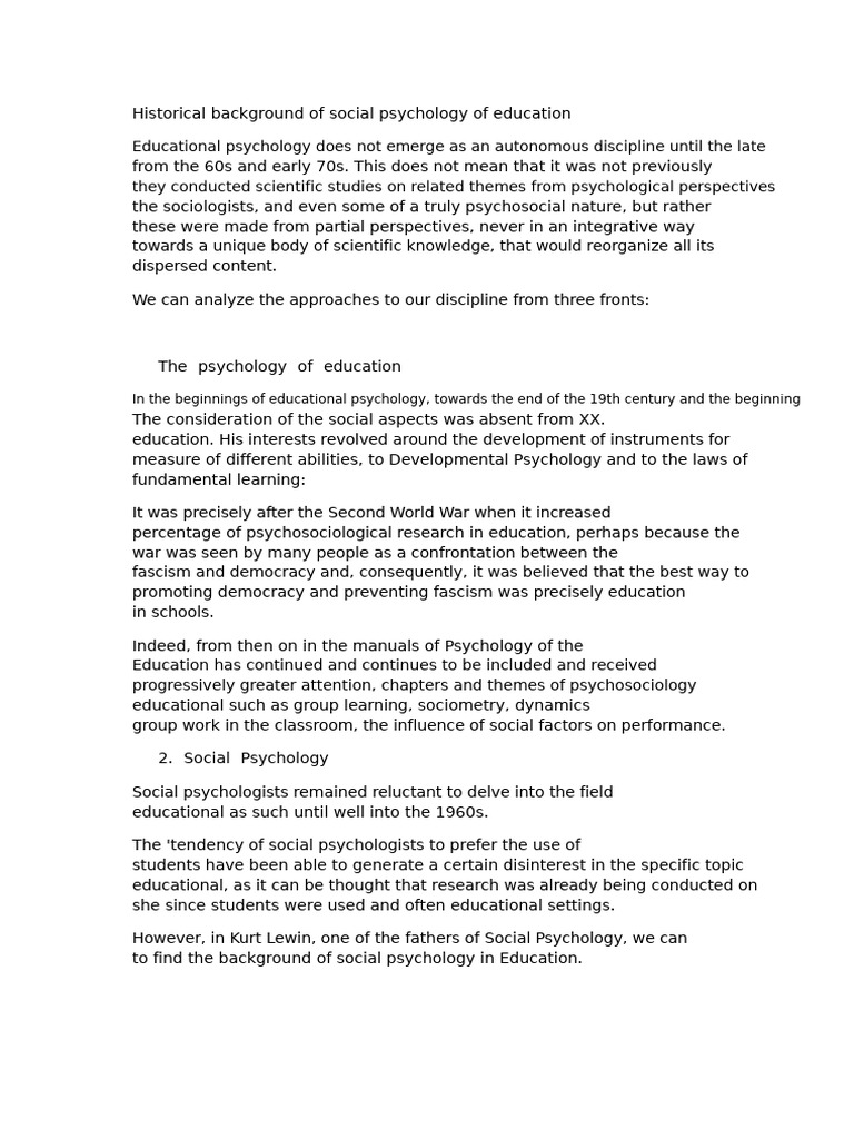 Historical Background of The Social Psychology of Education | PDF | Psychology | Social Psychology