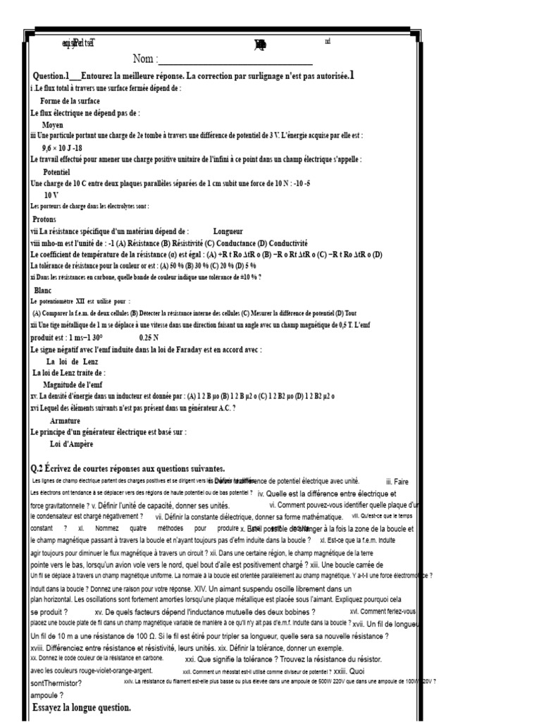 Test de Physique 2ème Année Chapitres 12, 13, 15 - Smart Syllabus | PDF ...