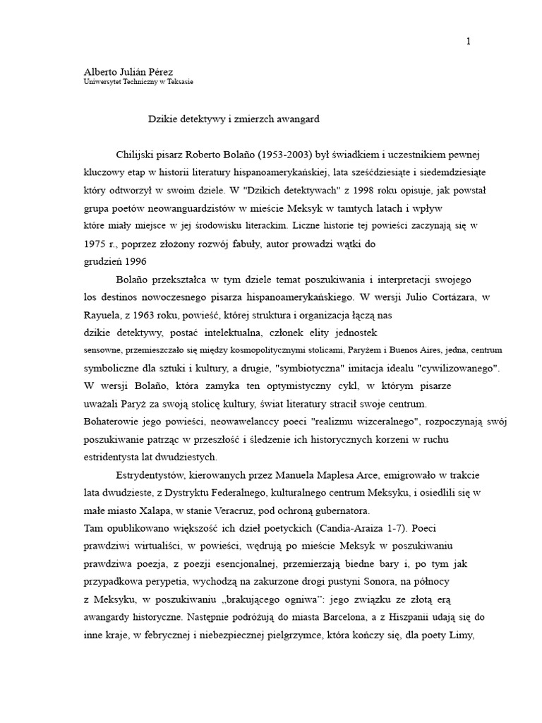 Roberto Bolaño Dzikie Detektywy I | PDF
