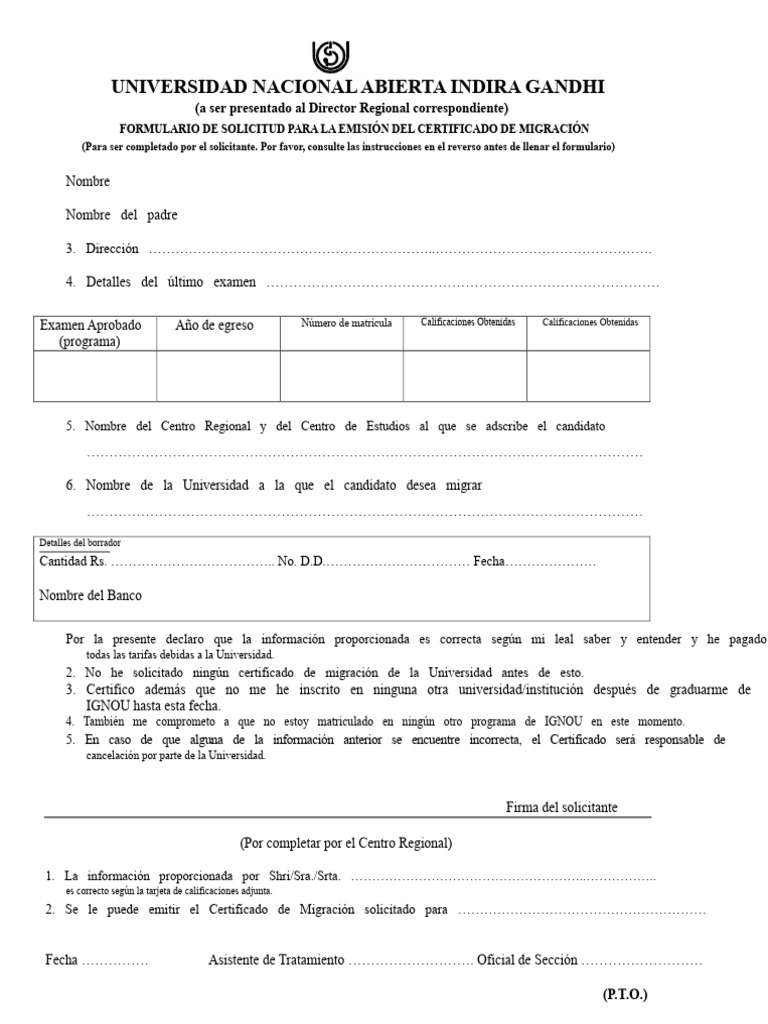 Solicitud de Certificado de Migración IGNOU | PDF