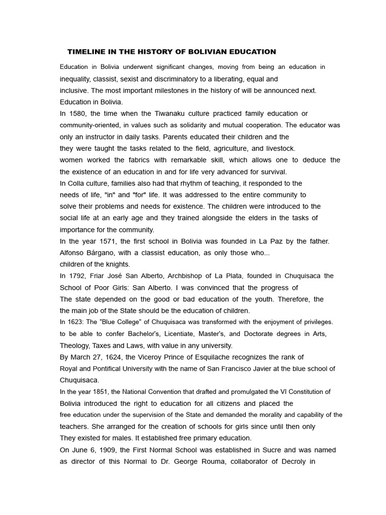 TIMELINE IN THE HISTORY OF BOLIVIAN EDUCATION | PDF | Bolivia