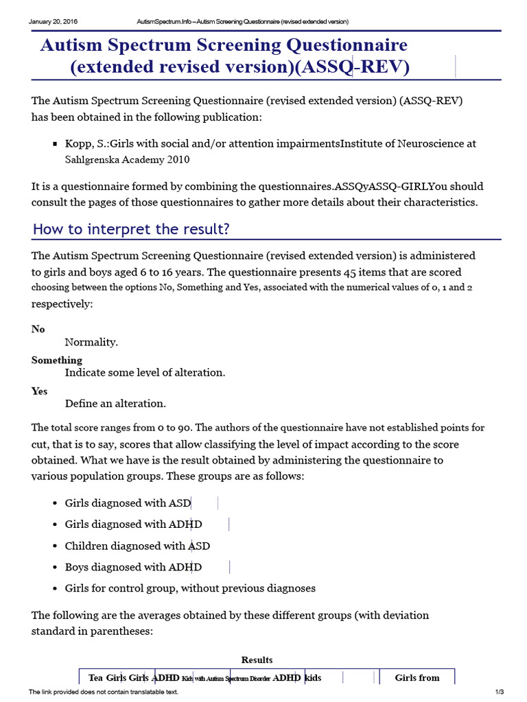 ASSQ-REV: Autism Screening Tool | PDF | Autism | Attention Deficit ...