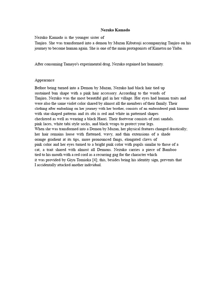 Nezuko Kamado: Demon Transformation and Appearance | PDF