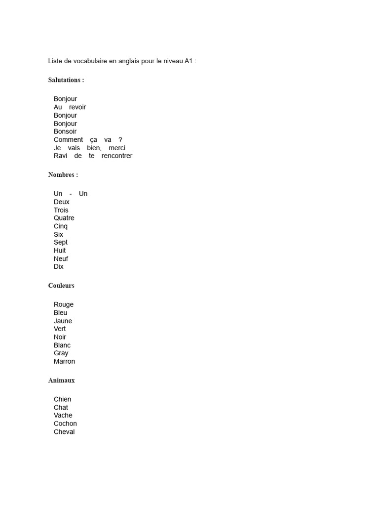 Vocabulaire Anglais A1 Essentiel | PDF