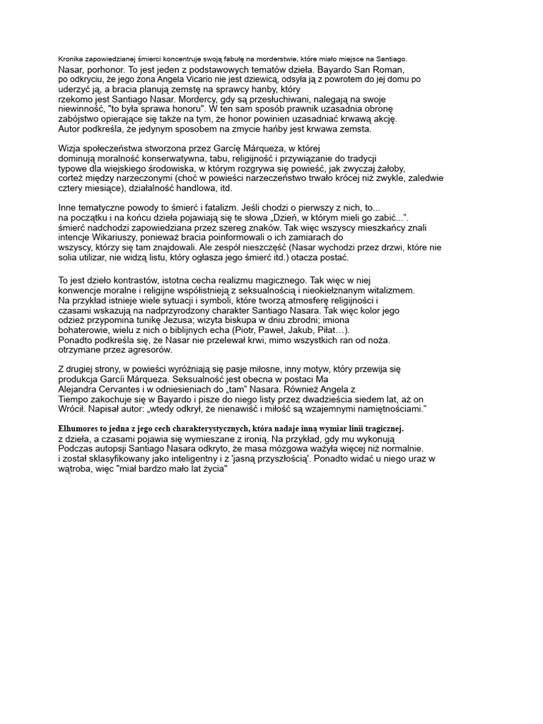 Tematy Kroniki Zapowiedzianej Śmierci | PDF