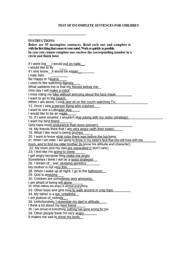 Incomplete Sentences Test for Children (1) | PDF | Psychology ...