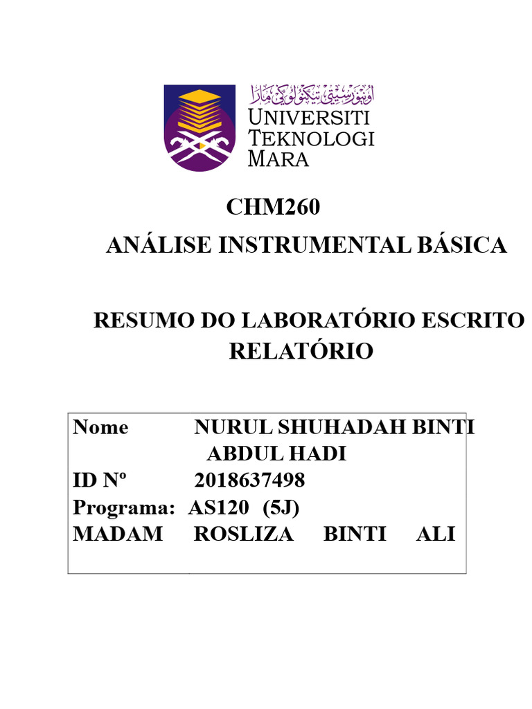 CHM260 EXPERIMENTO SWR 2 | PDF | Espectroscopia ultravioleta visível ...