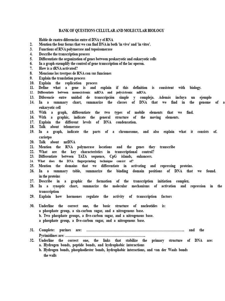 Cellular and Molecular Biology Questions | PDF | Dna | Gene