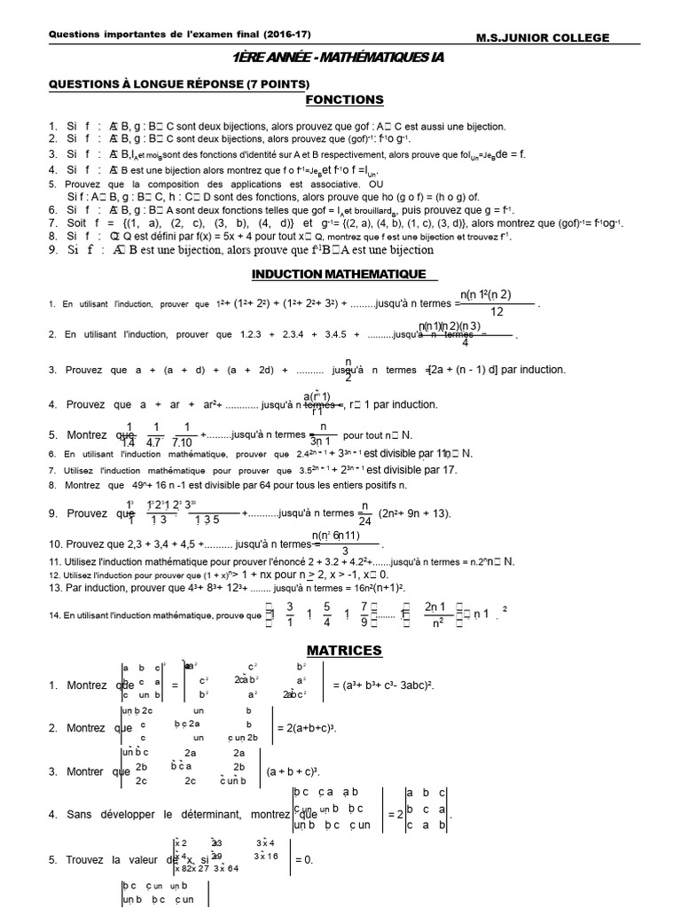 Questions d'examen final en mathématiques 2016-17 | PDF | Déterminant ...