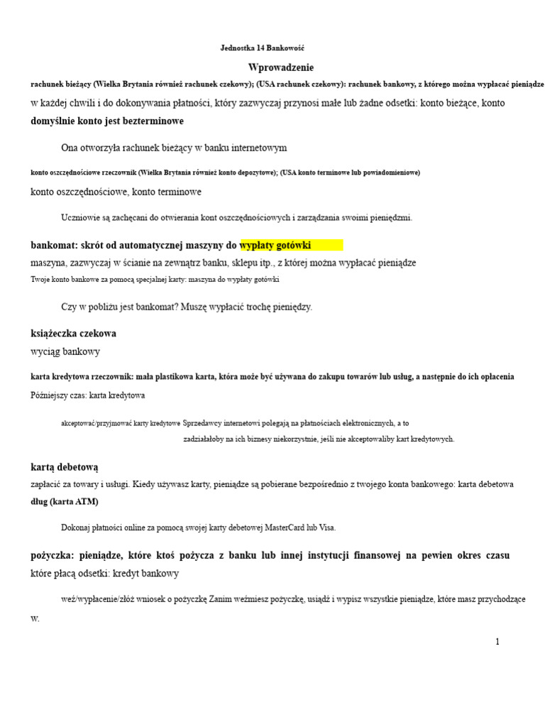 EFBS - Słownik - JEDNOSTKA 14 BANKOWOŚĆ | PDF
