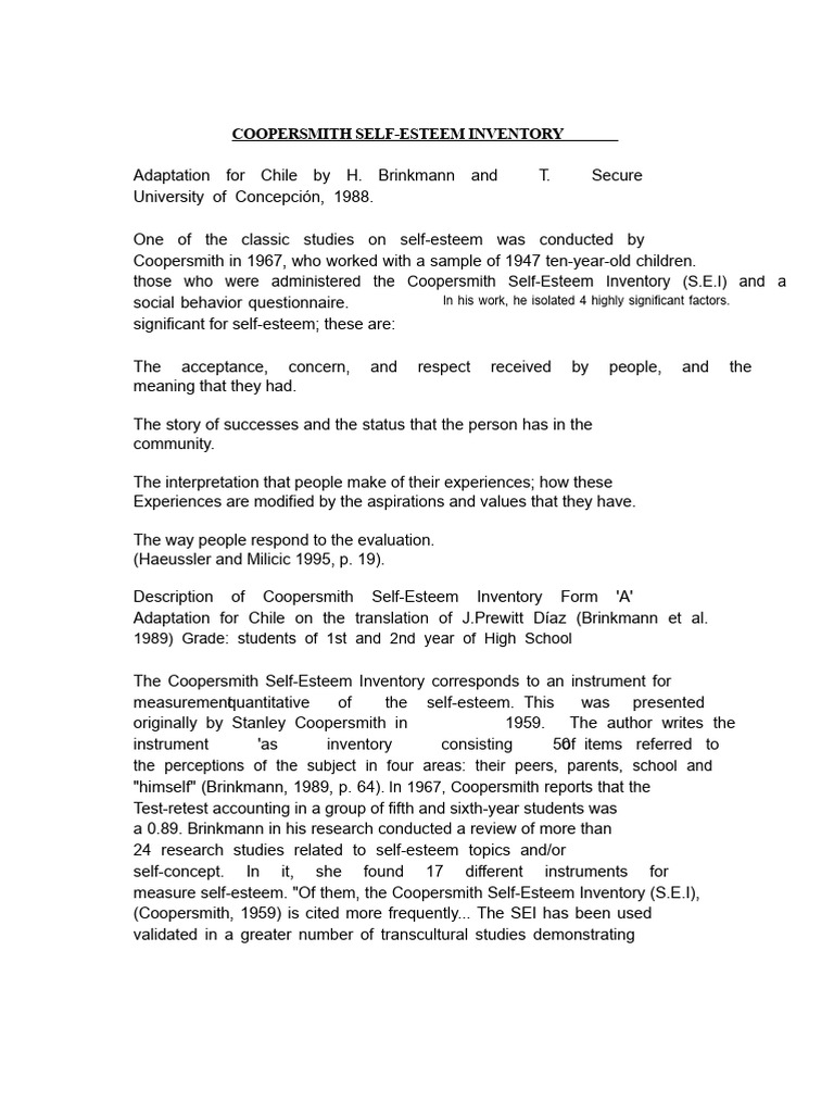 Coopersmith Self-Esteem Inventory | PDF | Self Esteem | Psychometrics