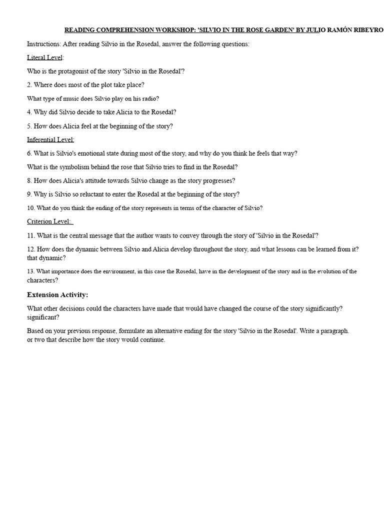 READING COMPREHENSION WORKSHOP Silvio in The Rose Garden | PDF