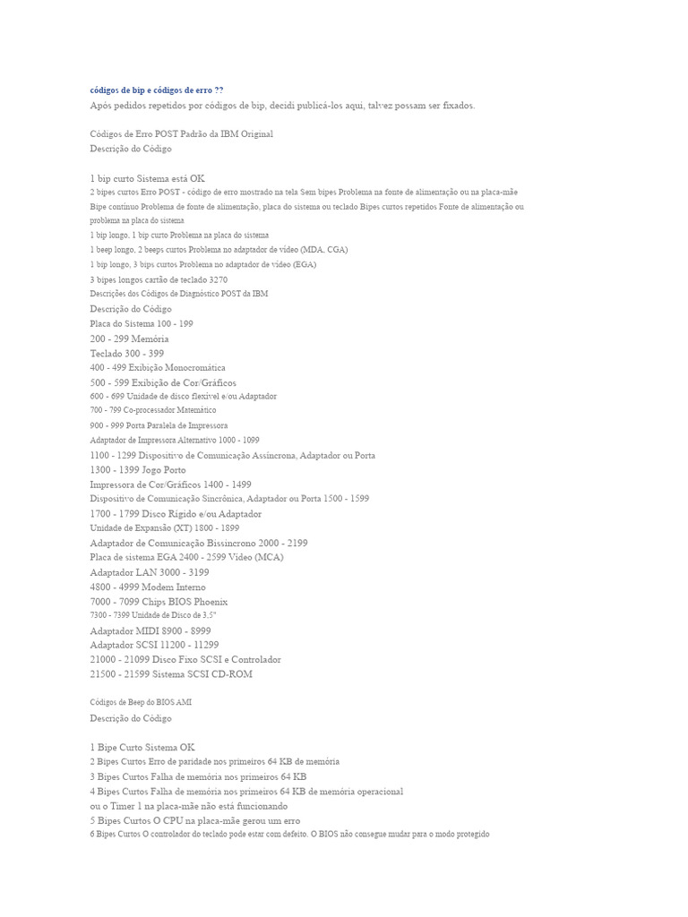 Códigos de Bipe e Códigos de Erro | PDF | BIOS | Memória de acesso aleatório (RAM)