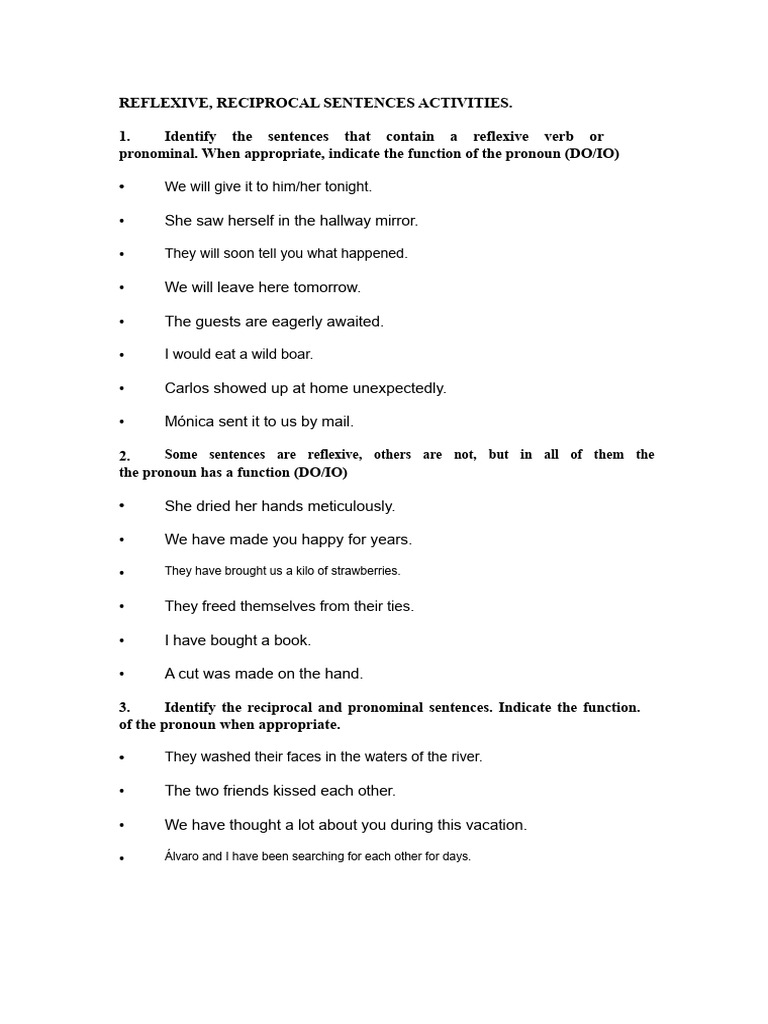 Reflexive Sentence Activities | PDF