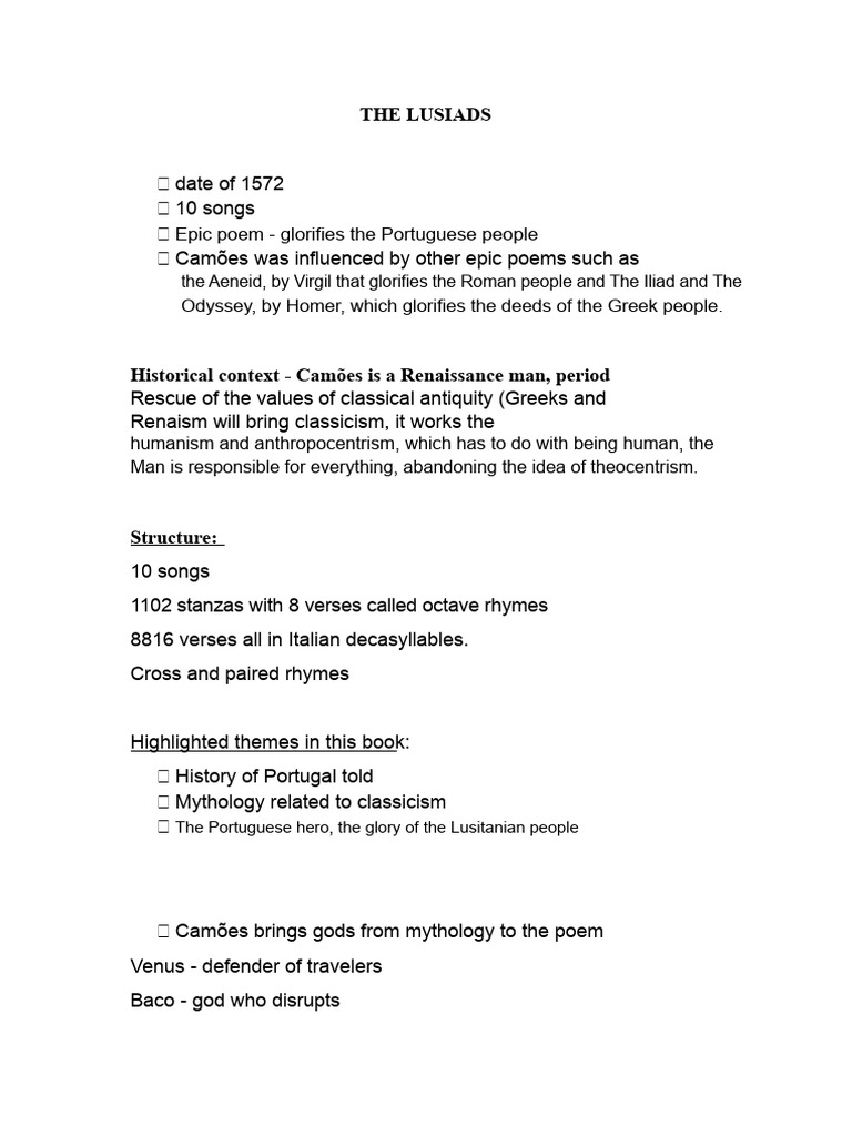 THE LUSIADS - Summary of The Cantos | PDF