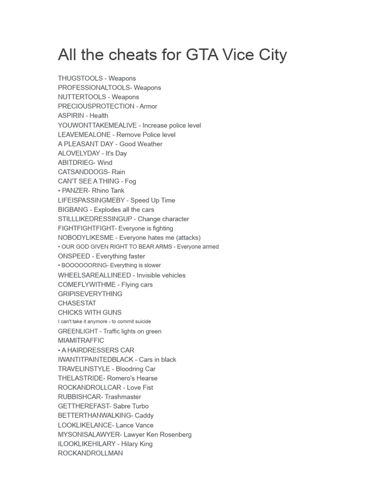 GTA Vice City Cheat Codes Overview | PDF
